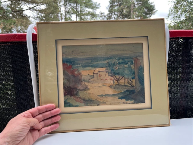 RARE TABLEAU PEINTURE aquarelle dessin signée ? 1942 paysage art déco ...