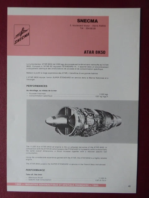 1983 DOCUMENT GIFAS Snecma Atar 8K50 Jet Engine Turboreacteur Super ...