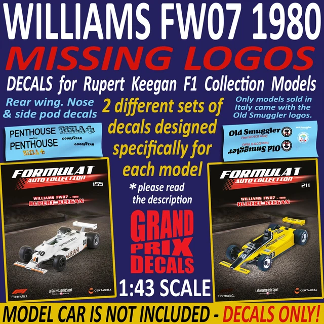 F1 COLLECTION WILLIAMS FW07 1980 Keegan MISSING water slide DECALS 1:43 ...