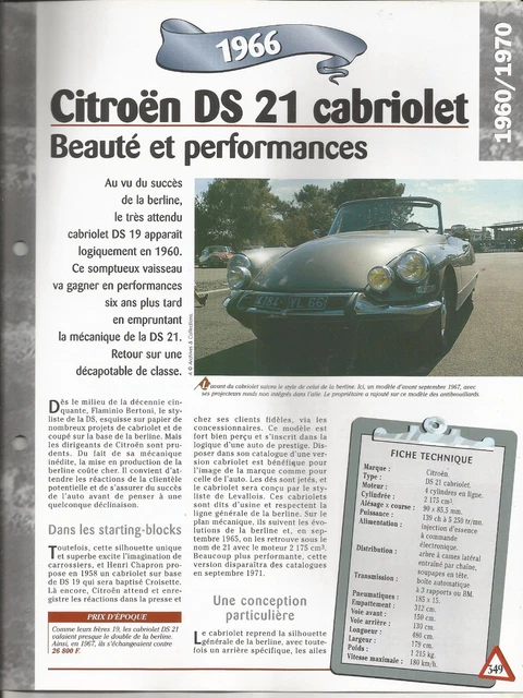FICHE DESCRIPTIVE - Technique - Citroen Ds 21 Cabriolet De 1966 $6.95 ...
