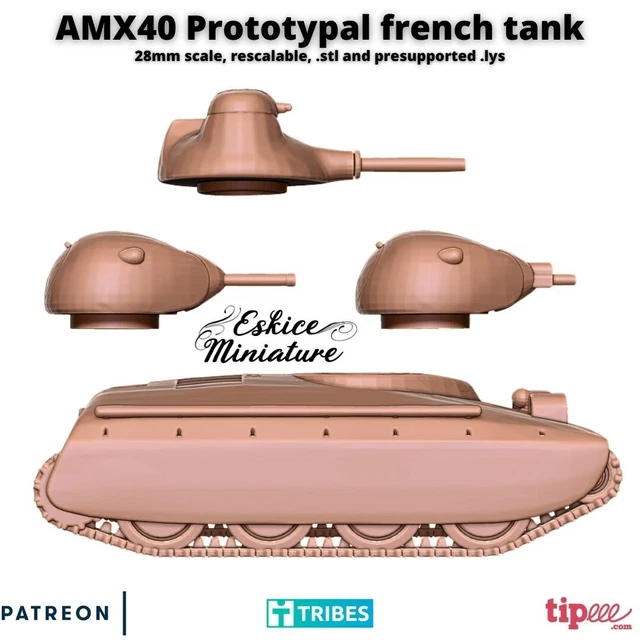 28MM WW2 FRENCH AMX40 Prototype Tank 3D Printed Eskice Miniatures Bolt ...