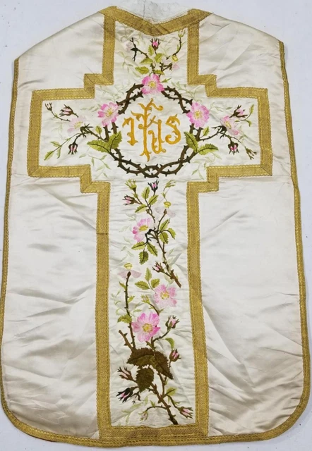 ANTIQUE IHS MONOGRAM & Wild Flowers Hand Embroidered Silk Chasuble ...