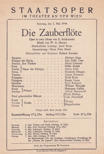 OPERA PROGRAMME 1948 Vienna Die Zauberflöte Lisa Della Casa Maria ...