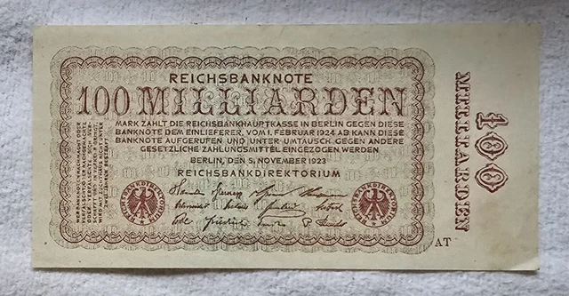 REICHSBANKNOTE 100 MILLIARDEN Mark deutsches Reich Inflation 1923 Geld ...