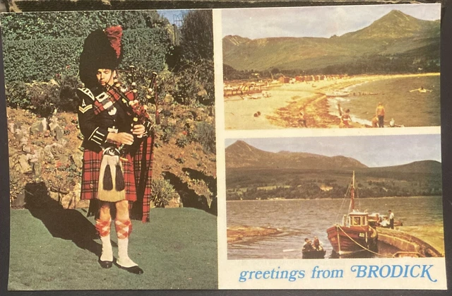 SCOTLAND GREETINGS FROM Brodick Scottish Piper Bay Goat Fell Jetty Pier ...