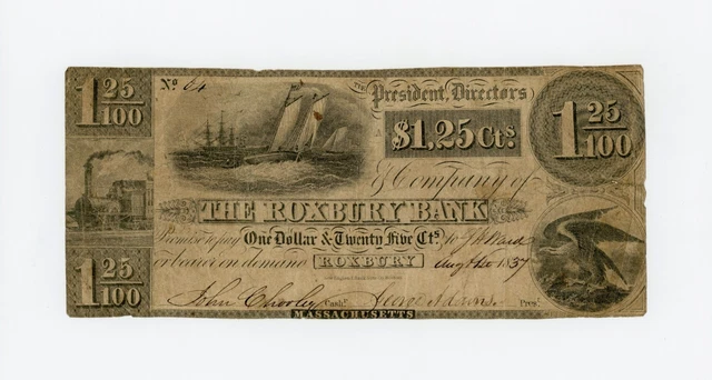 1837 $1.25 THE Roxbury Bank - MASSACHUSETTS Note £103.01 - PicClick UK