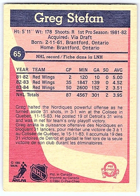 1984-85 O-PEE-CHEE **C** Greg Stefan recrue Detroit Red Wings #65 EUR 0 ...