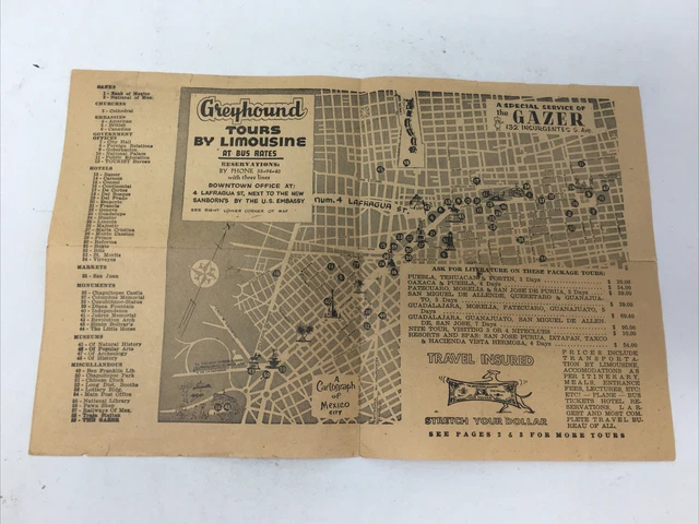 VINTAGE 1950'S THE Gazer Guide Magazine Map of Mexico City Greyhound ...