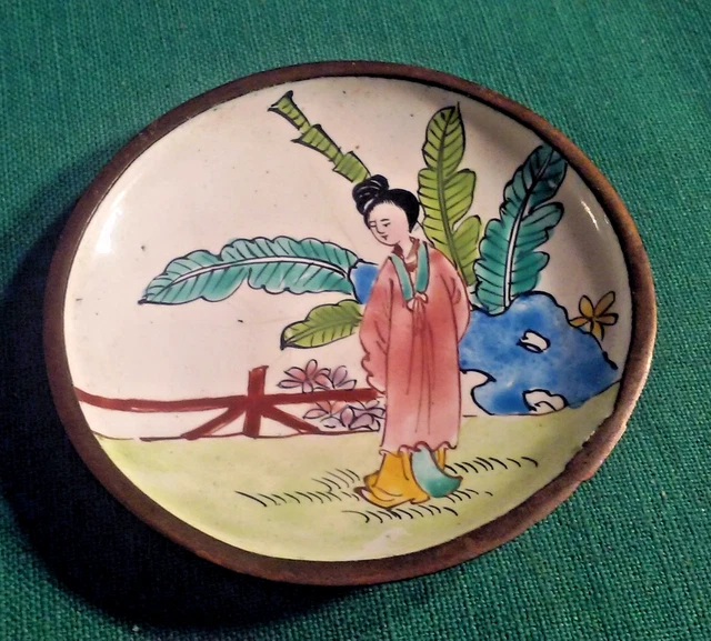SMALL ROUND METAL & Porcelain Enameled Hand Painted Plate China Chinese ...