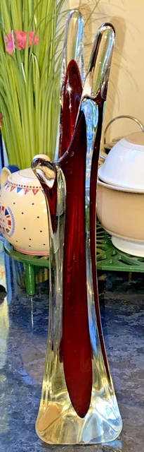 VINTAGE GLASS VASE 1970s Red Triangle Base Swung Finger Vase Tall Heavy ...