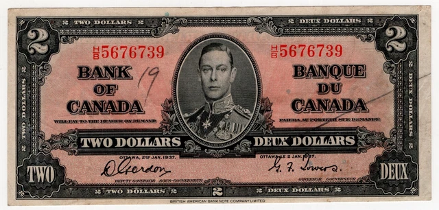 1937 BANK OF Canada Two 2 Dollar Bank Note Hb 5676739 Nice Bill Gordon ...