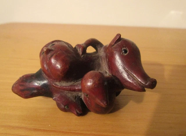 ANCIEN FOURREAU DE Pipe Cinq Animaux Un Personnage Bois Sculpte Pipe ...