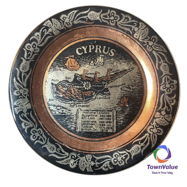 VINTAGE CYPRUS COPPER Wall Hanging Map Historical Dates Hand Painted ...
