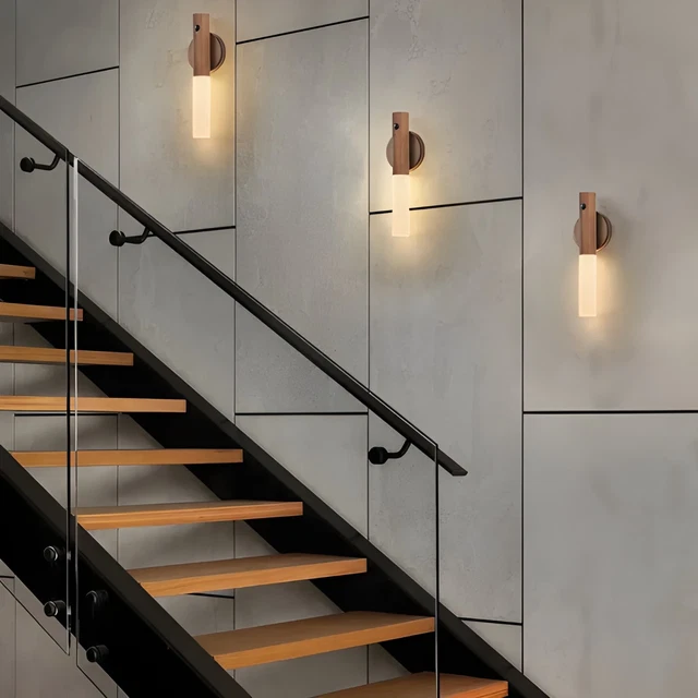 RECHARGEABLE WALL LIGHT Motion Sensor PIR Cordless Night Wooden Lamp by ...