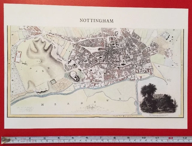 OLD ANTIQUE HISTORIC colour map of Nottingham, England: 1800's, 1830 ...