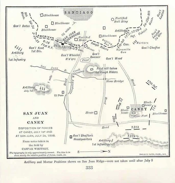 1899 MAP SHOWING Artillery Mortar Positions San Juan Ridge, Caspar ...