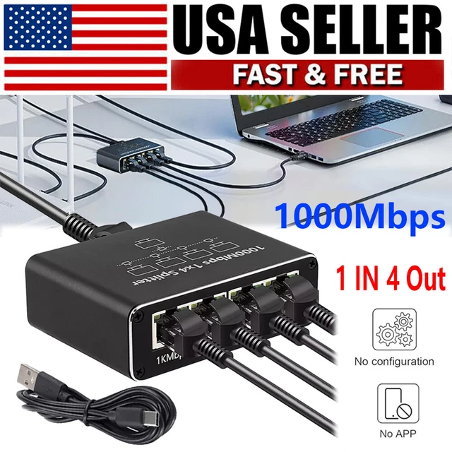 GIGABIT ETHERNET SPLITTER 1 to 4 Port RJ45 LAN Network Adapter 1000Mbps ...