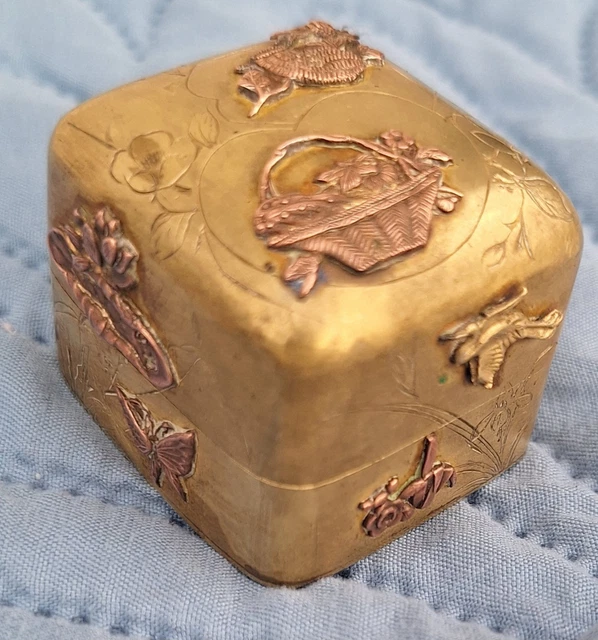 ANTIQUE JAPANESE MEIJI-TAISHO Brass and Copper applied Ring Box 19th c ...