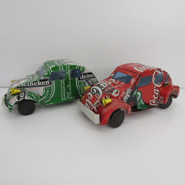 2 RECYCLED ALUMINUM Can Handmade VW Cars Coca Cola Heineken Beer ...