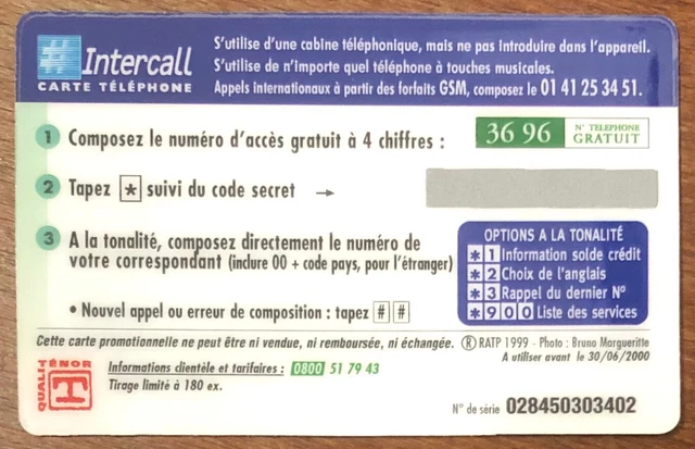INTERCALL CARTE RATP Bus Paris 5F Prepayée Prepaid Telecarte Scheda ...