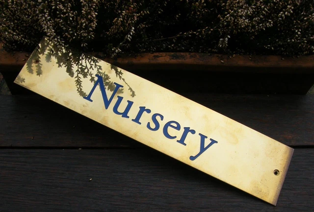 A LARGE RECLAIMED BRASS NURSERY DOOR SIGN 36cm x 7.5cm FREE POST £49.00 ...