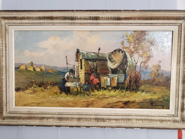 TABLEAU HUILE SUR Panneau Signature H Barry Gitans Roulottes Provencale ...