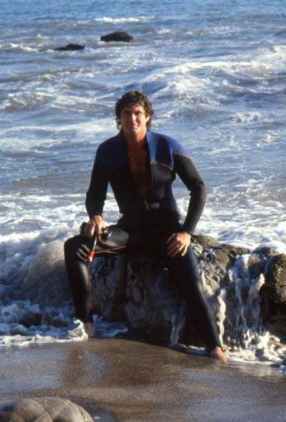 DAVID HASSELHOFF POSES wearing a wet suit on the beach in 1981 in LA ...