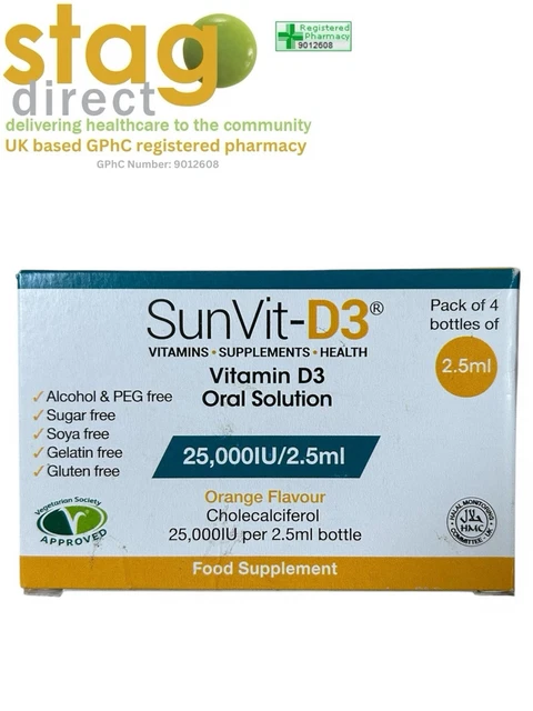 SUNVIT-D3 HIGH STRENGTH Vitamin D Oral Solution 25,000iu/2.5ml - Pack Of 4 £12.95 - PicClick UK