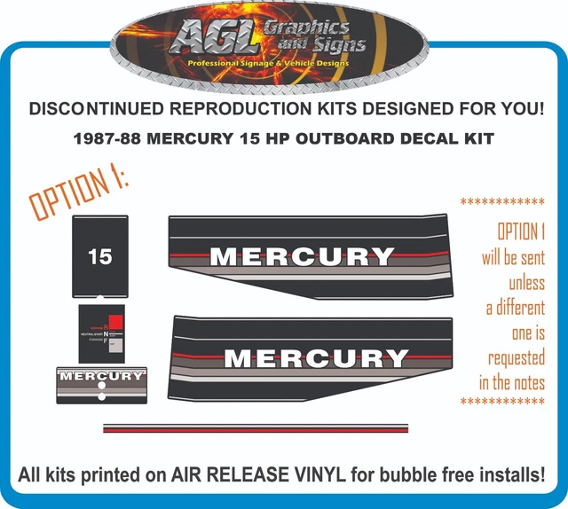 1987 1988 MERCURY 15 hp Outboard decal set reproductions 6 hp 8 hp 9.9 ...