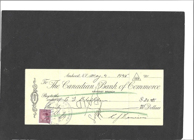 CANADIAN BANK OF Commerce 1945 Cancelled Cheque Stamp As Excise (Item ...
