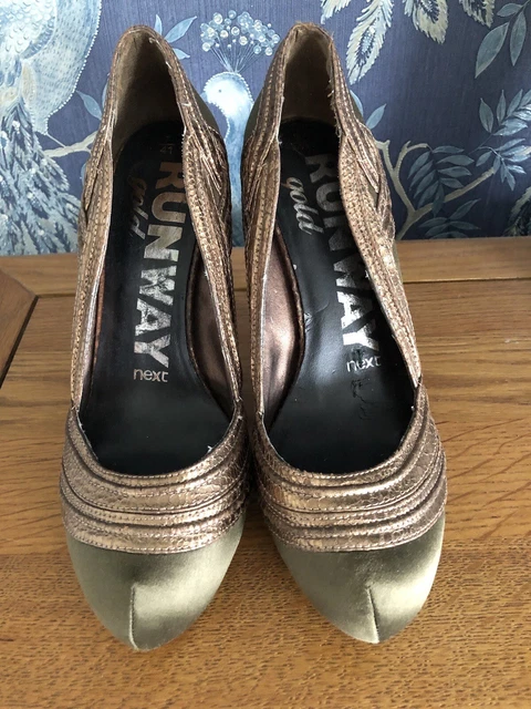 NEXT RUNWAY GOLD shoes womens Size 7 olive silk effect and bronze 4.5 ...