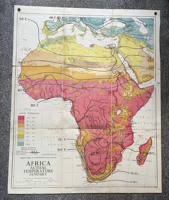 VINTAGE 1955 GEORGE Philip Large Canvas Wall Map - Africa Temperature ...