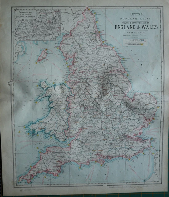 1883 LETTS MAP England Wales Railway Statistical Liverpool Manchester ...
