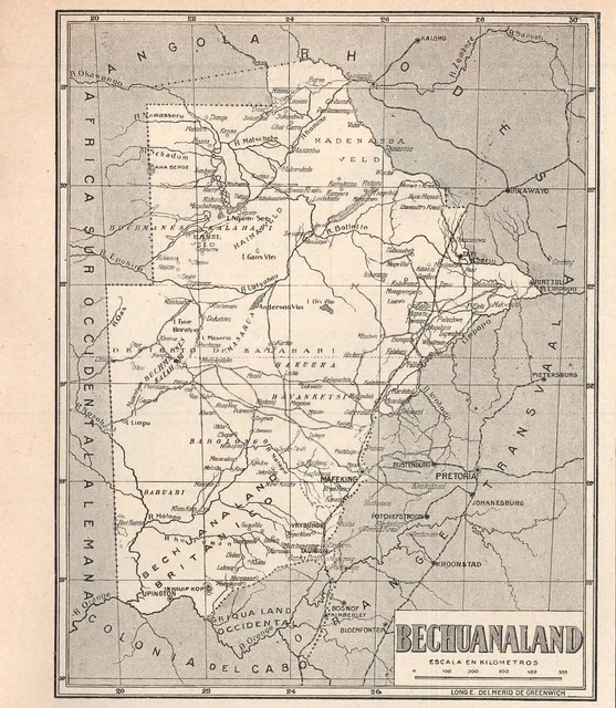 CARTA GEOGRAFICA ANTICA BECHUANALAND BOTSWANA piccola mappa 1910 ...