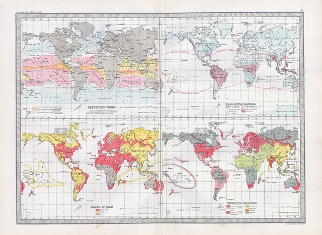 1912 ANTIQUE MAP WORLD MAPS Rainfall Snowfall Religions (BWM4-4) £30.00 ...