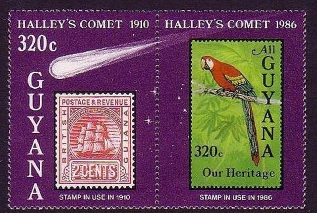 GUYANA BIRDS PARROT Astronomy Halley's comet 2v 1986 MNH SG#1744-1745 ...