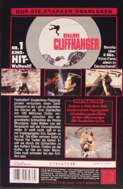 CLIFFHANGER * FSK ab 18 Jahren * orig. ERSTAUFLAGE * Sylvester Stallone ...