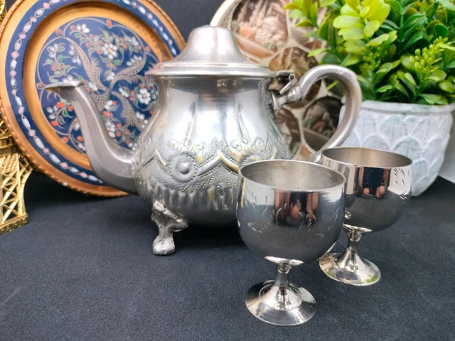 VINTAGE HAND CARVED Brass Copper Silver Plated Moroccan Teapot With ...