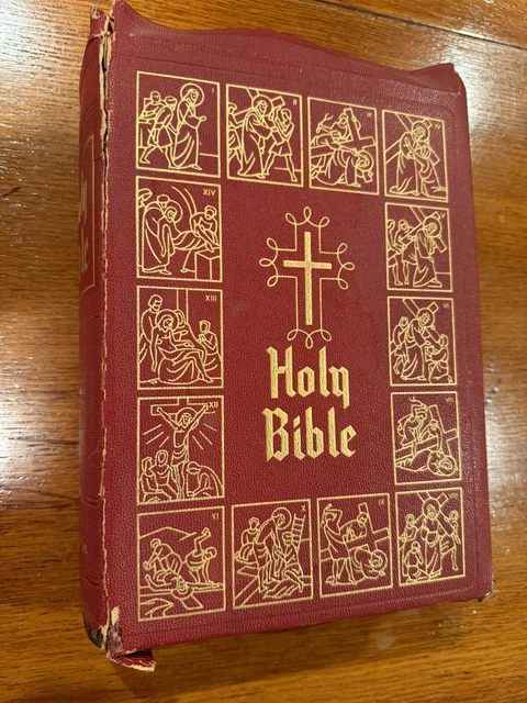 VINTAGE THE HOLY Bible Catholic Home Edition 1951 Red Gold Illustrated ...