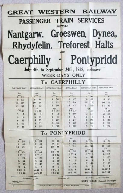 GWR ORIGINAL 40& x 25" Timetable Poster for Welsh Services Pontypridd ...