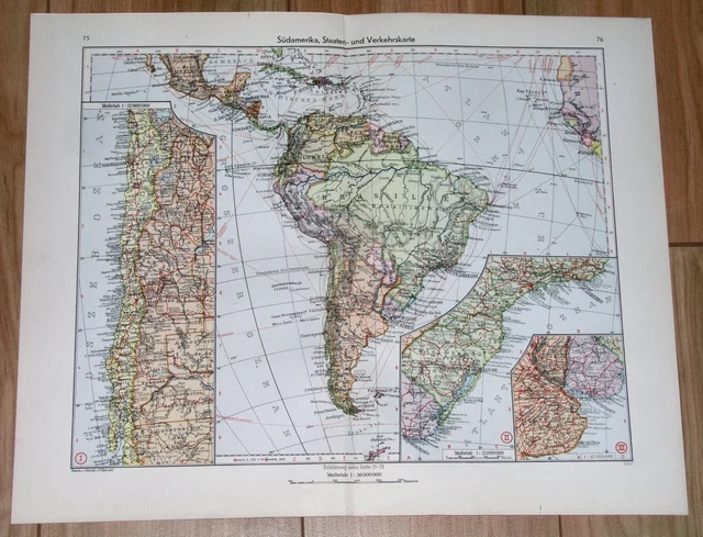 1943 ORIGINAL VINTAGE Wwii Map Of South America Brazil Argentina Chile ...