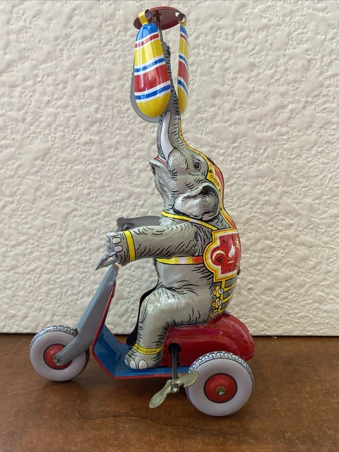 TIN WIND UP Circus Elephant Riding Tricycle With Spinner Made in ...
