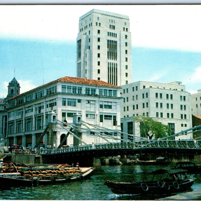 C1960S SINGAPORE RIVER & Cavanagh Bridge Chrome Photo Postcard Bank of ...