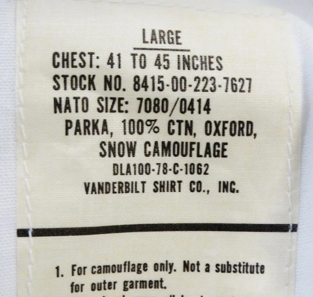 USGI SNOW WHITE CAMOUFLAGE PARKA M1950 Large NSN: 8415-00-223-7627 $108 ...