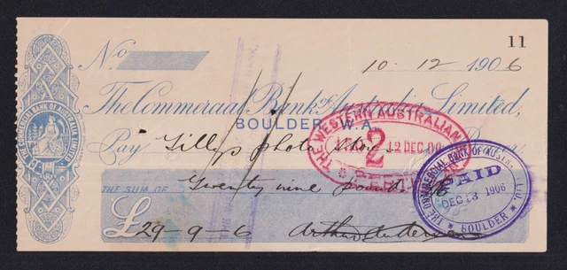 B6417) WESTERN AUSTRALIA CBA 1906 CHEQUE TO TILLYS PHOTO STORE PERTH $5 ...