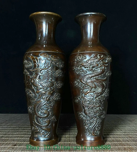 8 &QIANLONG PUR cuivre Wind Water Dragon animal anchois vase vase paire EUR 216,00 - PicClick FR