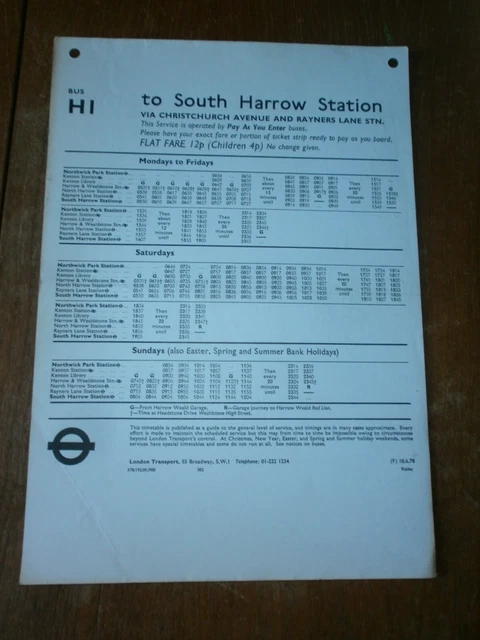 LONDON TRANSPORT BUS Stop Panel Timetable-Route H1, 1978 £1.00 ...