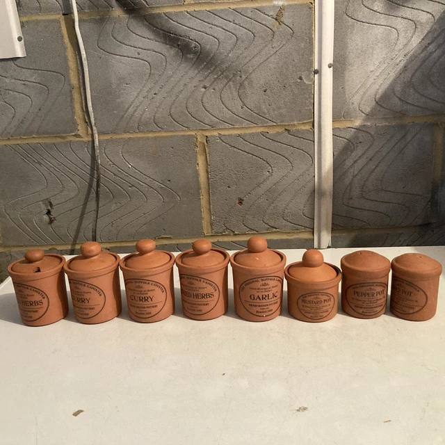 HENRY WATSON POTTERY Suffolk Herb Spice Pot Set of 8 Terracotta Retro £ ...