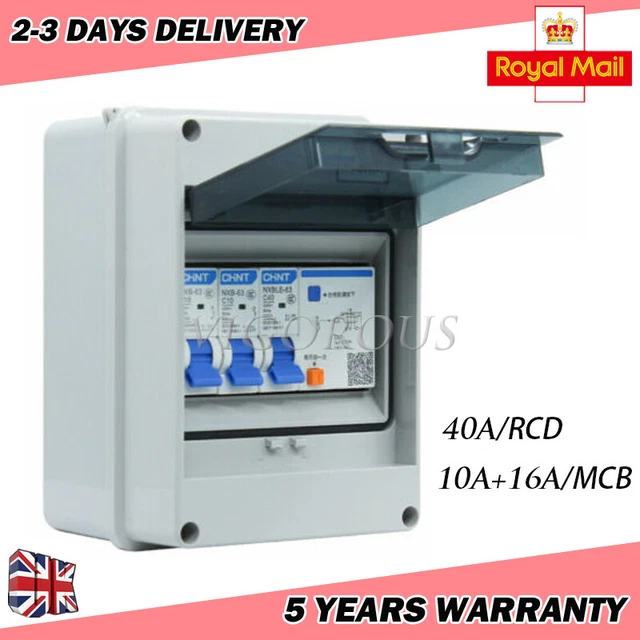5 WAY GARAGE Caravan Campervan IP65 Consumer Unit 16 40A 30mA RCD 2 MCB ...