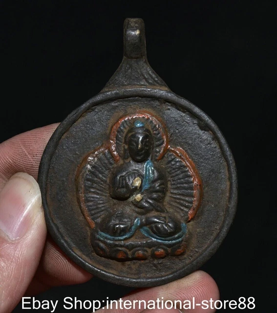 6CM OLD TIBET Bronze Painting Shakyamuni Eight Diagrams Buddha Amulet Pendant EUR 53,94 ...